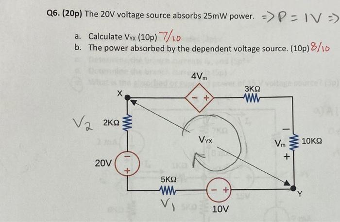 Solved Q6. (20p) The 20 V voltage source absorbs 25 mW | Chegg.com