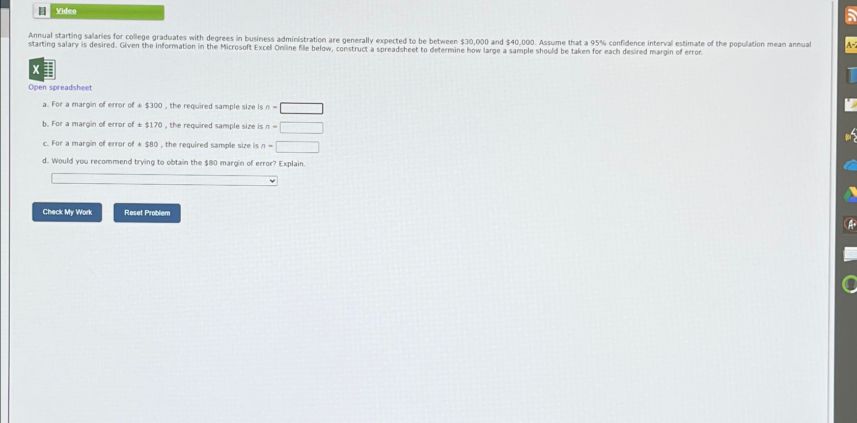 Solved VideoOpen spreadsheeta. ﻿For a margin of error of | Chegg.com