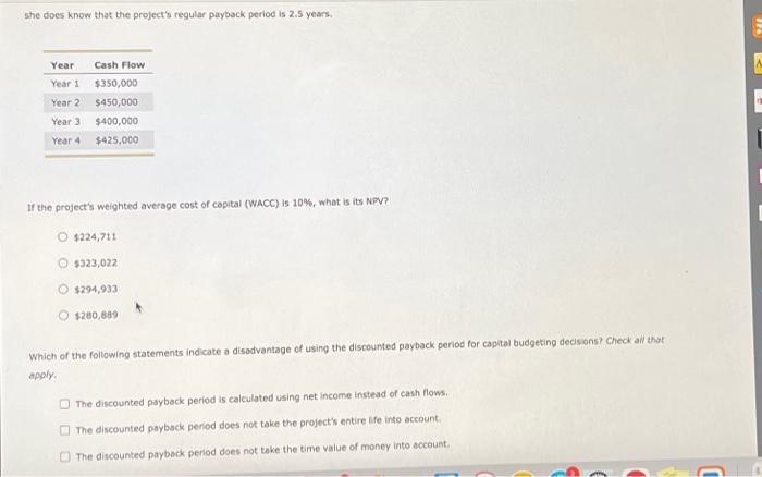 Solved she does know that the project's regular payback | Chegg.com