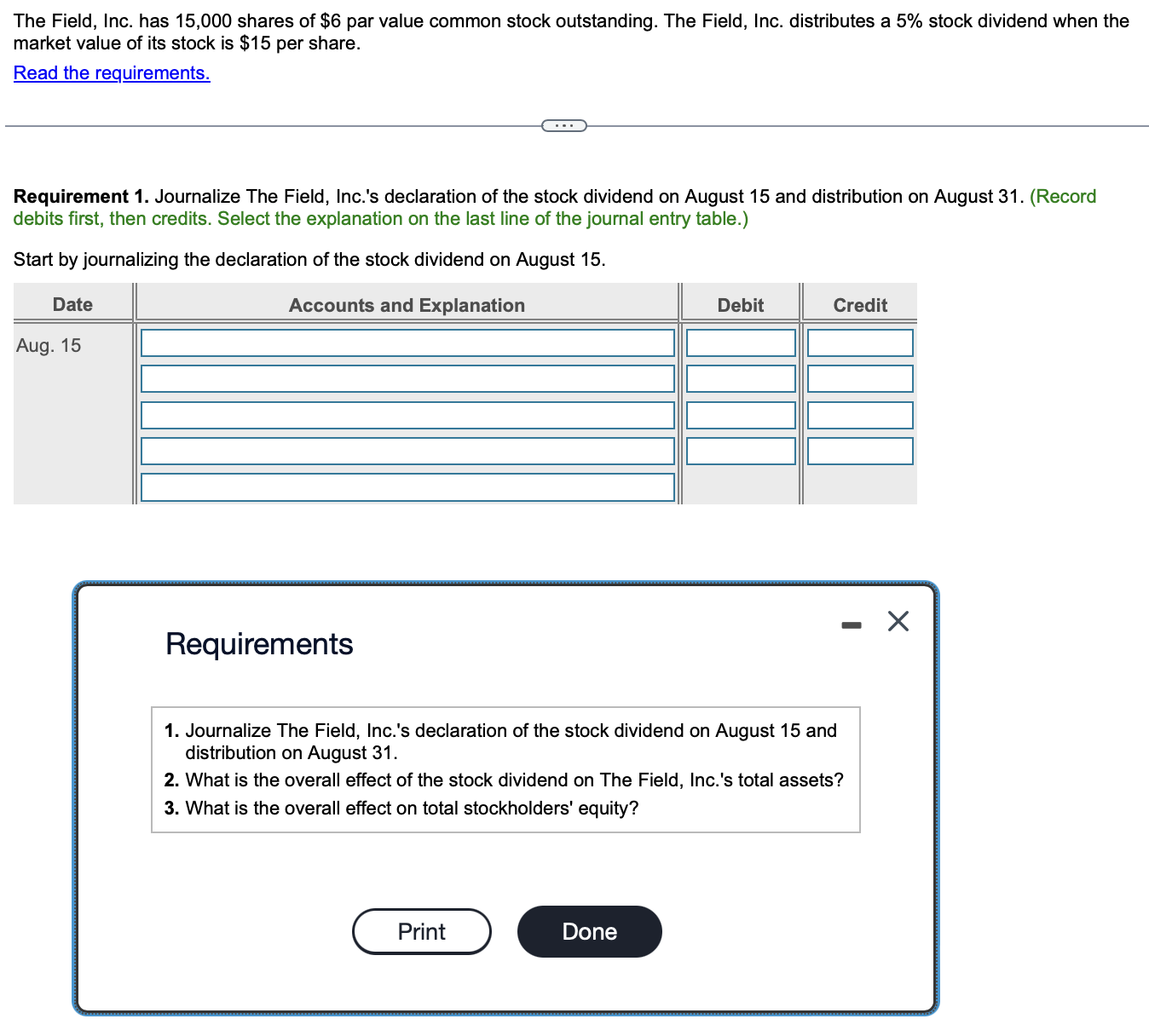 Solved RequirementsJournalize The Field, Inc.'s declaration | Chegg.com