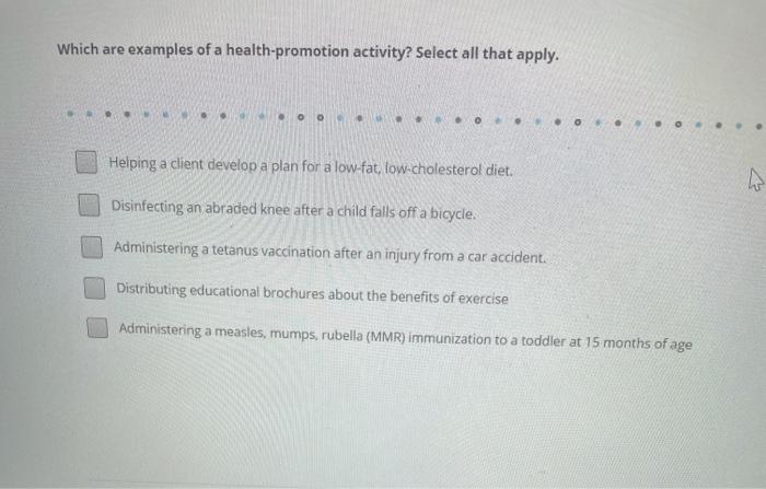 Solved Which are examples of a health-promotion activity? | Chegg.com
