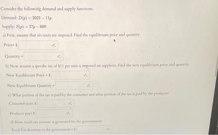 Solved Consider the following demand and supply functions. | Chegg.com