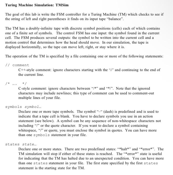 Solved Turing Machine Simulation Tmsim The Goal Of This Lab