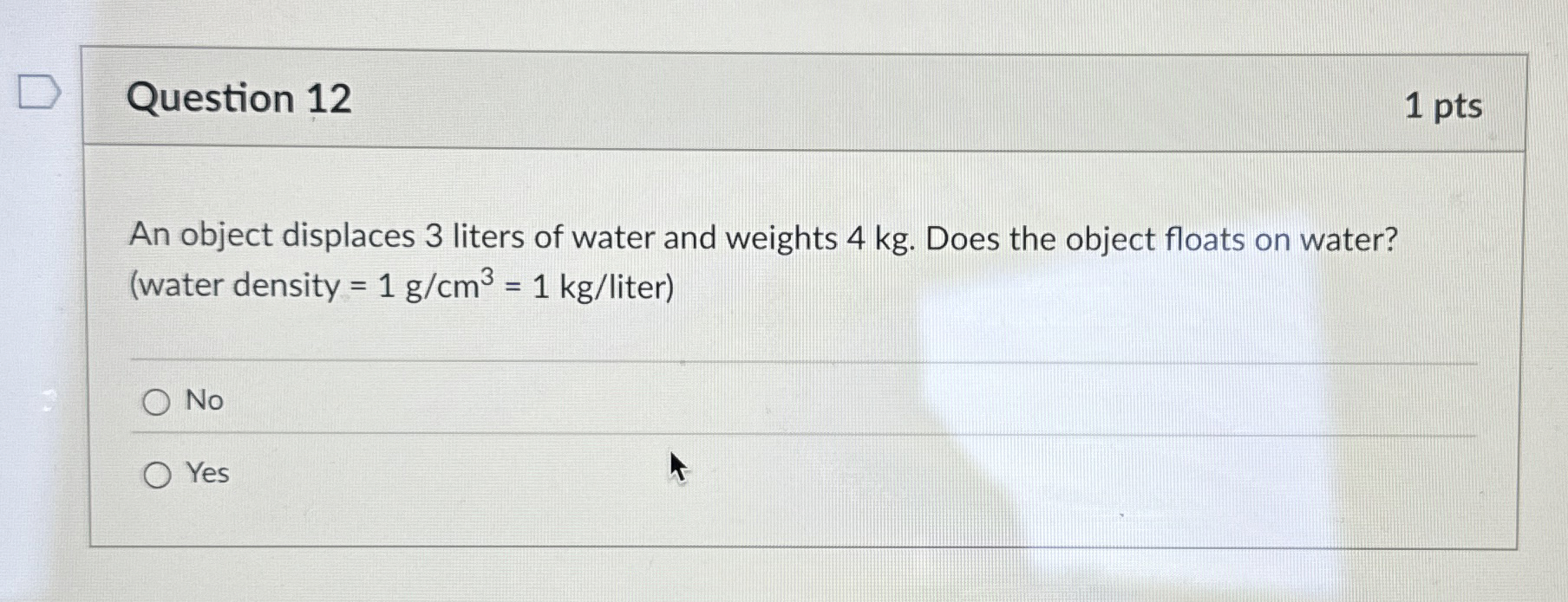 Solved Question 121 ﻿ptsAn object displaces 3 ﻿liters of | Chegg.com