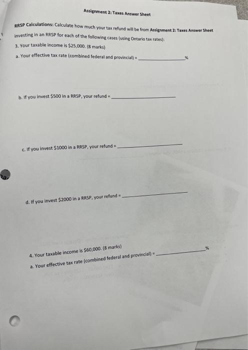 Solved Assignment 2- Taxes Answer Sheet RRSP Calculations: | Chegg.com
