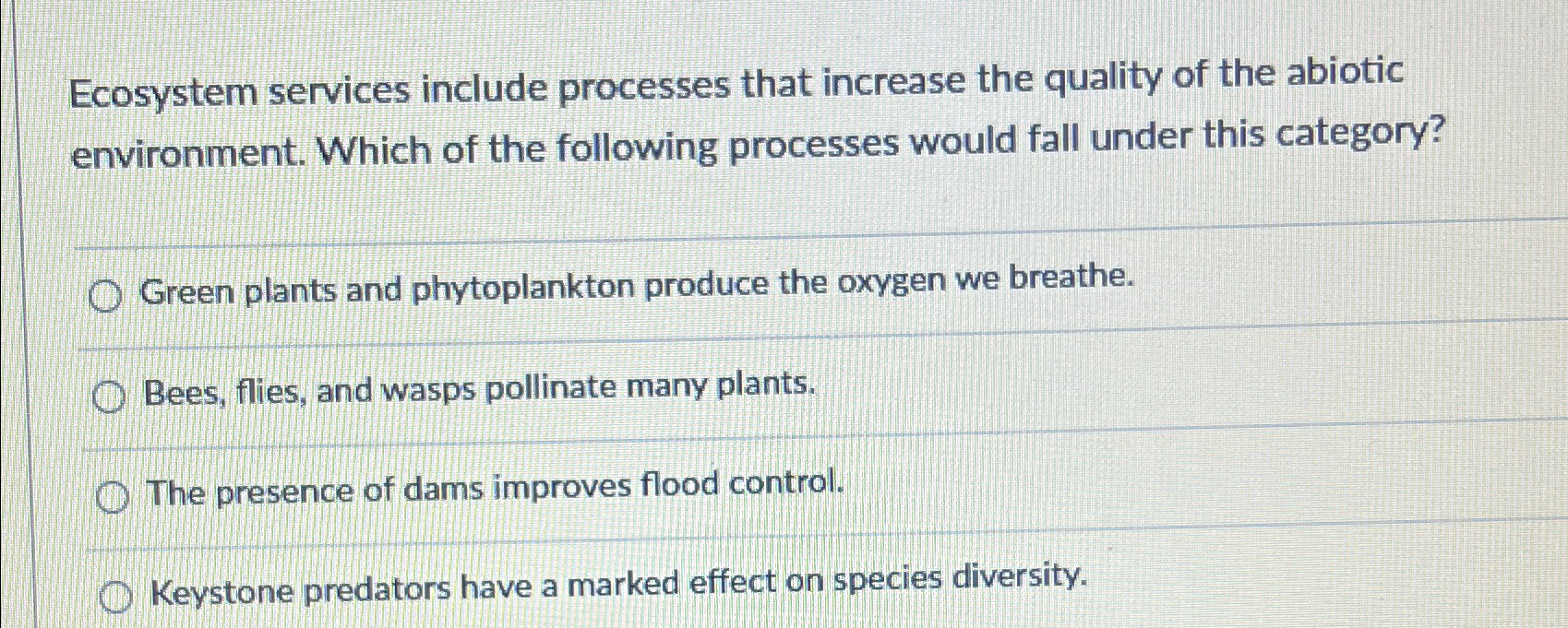 Solved Ecosystem services include processes that increase | Chegg.com