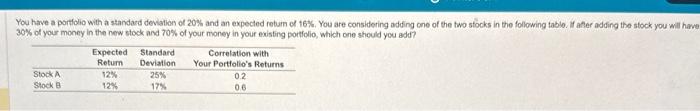 Solved Standard Deviation Of Portfolio With Stock A As
