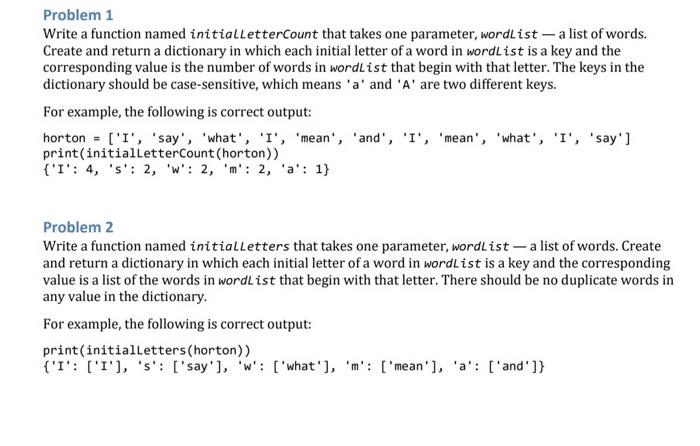 Problem 1 Write a function named initialLetterCount | Chegg.com