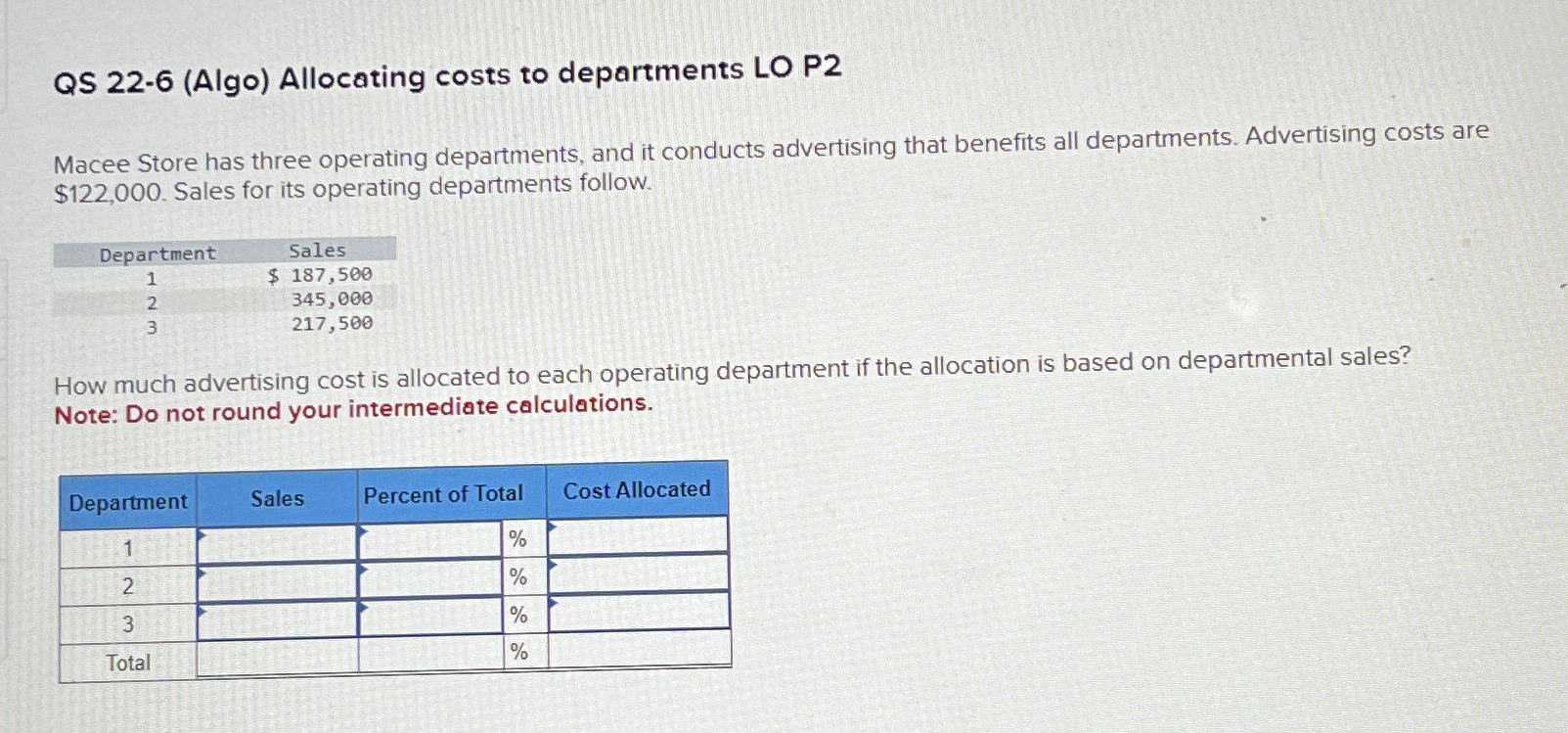 Solved QS 22-6 (Algo) ﻿Allocating costs to departments LO | Chegg.com