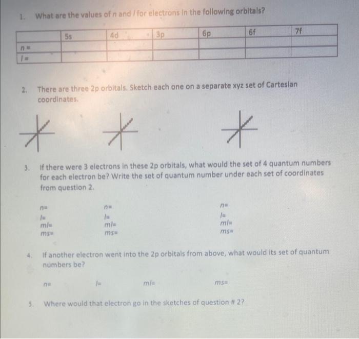Solved 1. What are the values of n and / for electrons in | Chegg.com