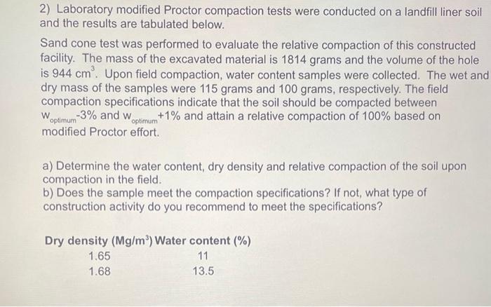 Solved 2) Laboratory modified Proctor compaction tests were | Chegg.com