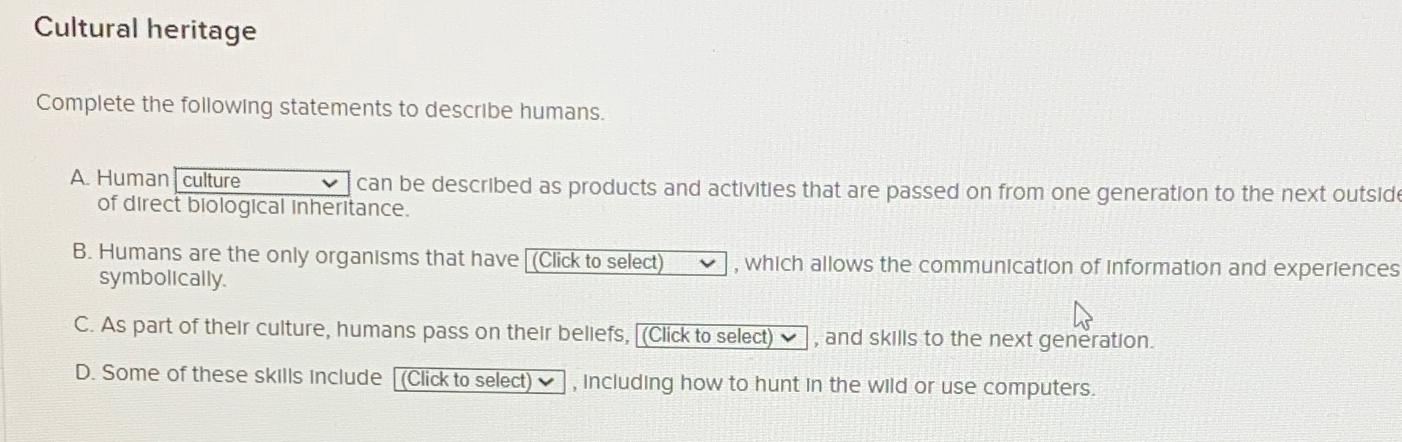 Solved Cultural heritageComplete the following statements to | Chegg.com