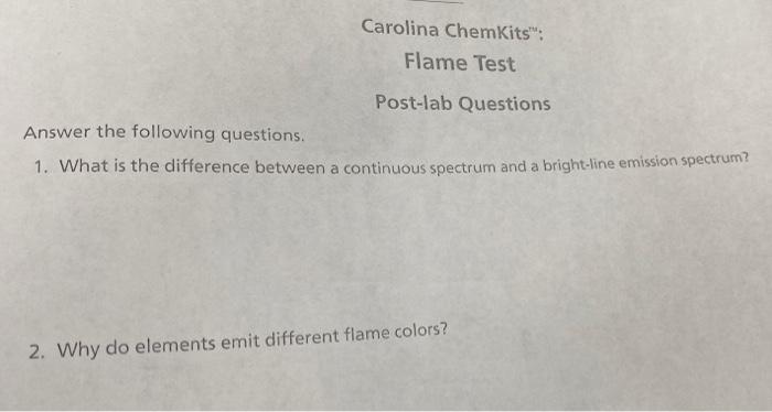 Solved Carolina ChemKits": Flame Test Post-lab Questions | Chegg.com