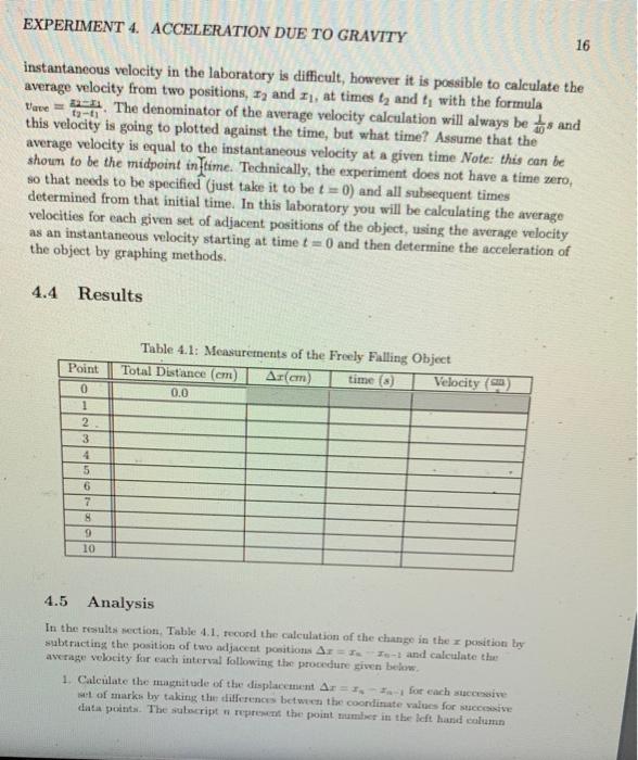 Experiment 4 Acceleration Due to Gravity 4.1 | Chegg.com