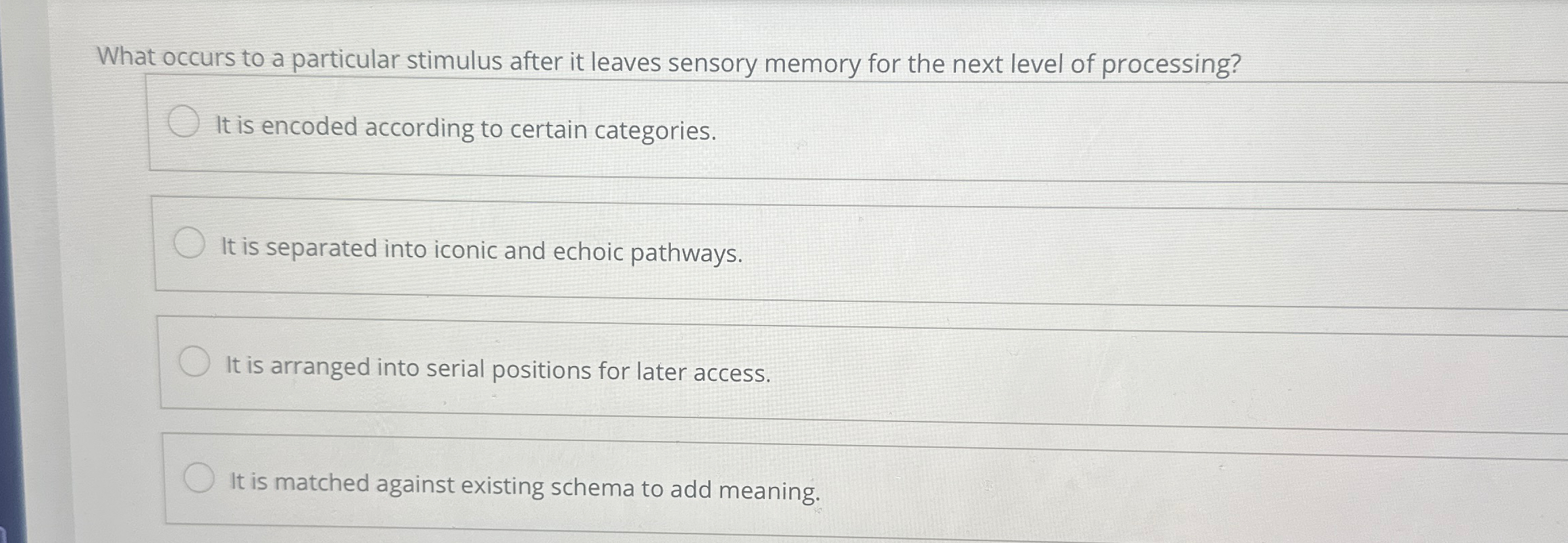 Solved What occurs to a particular stimulus after it leaves | Chegg.com