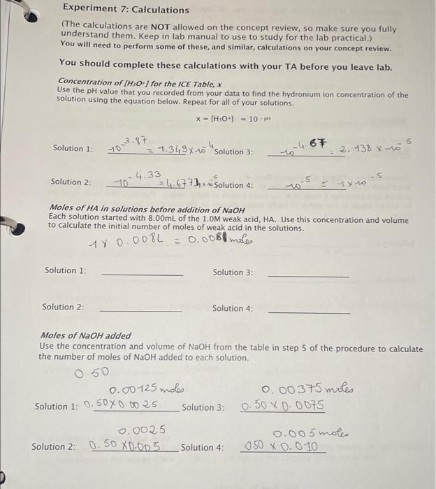 Experiment 7: Calculations (The calculations are NOT | Chegg.com