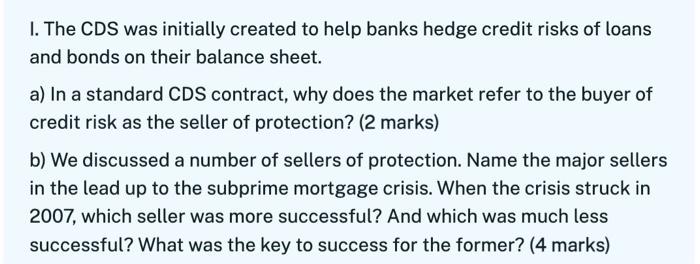 Solved I. The CDS was initially created to help banks hedge | Chegg.com