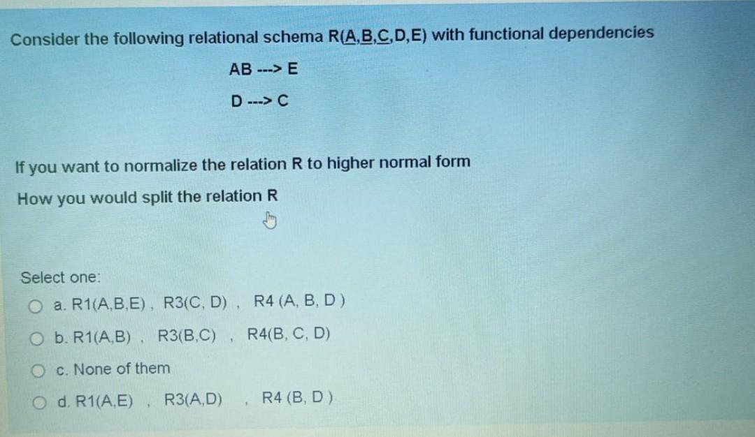 Solved Consider the following relational schema R(A,B,C,D,E) | Chegg.com