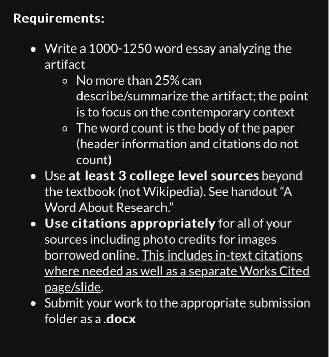 HUMN 2203: Artifact Analysis For your project, you | Chegg.com