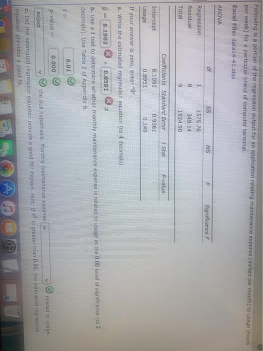 Solved Following is a portion of the regression output for | Chegg.com