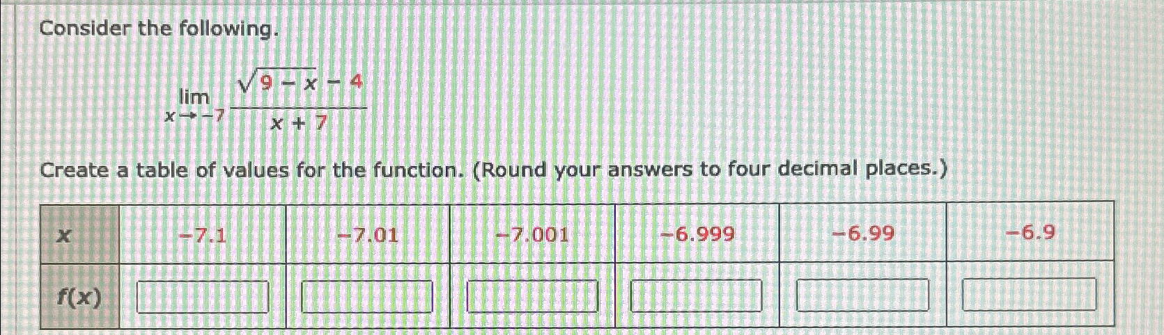 Solved Consider the following.limx→-79-x2-4x+7Create a table | Chegg.com
