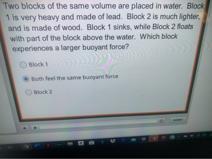 Solved Two blocks of the same volume are placed in water. | Chegg.com
