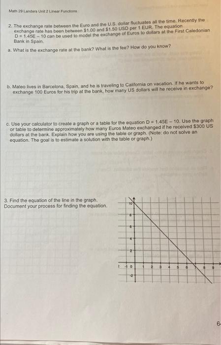 Solved Mathi 29 Landers Unit 2 Linear Functions 12 2. The | Chegg.com