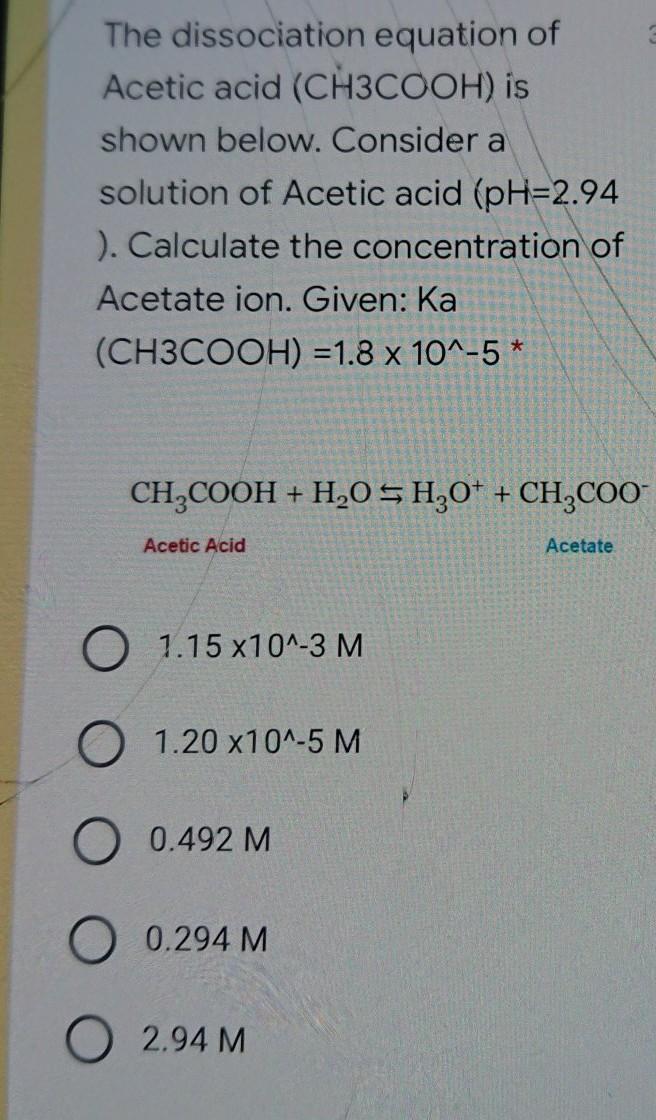 Solved The dissociation equation of Acetic acid (CH3COOH) is | Chegg.com