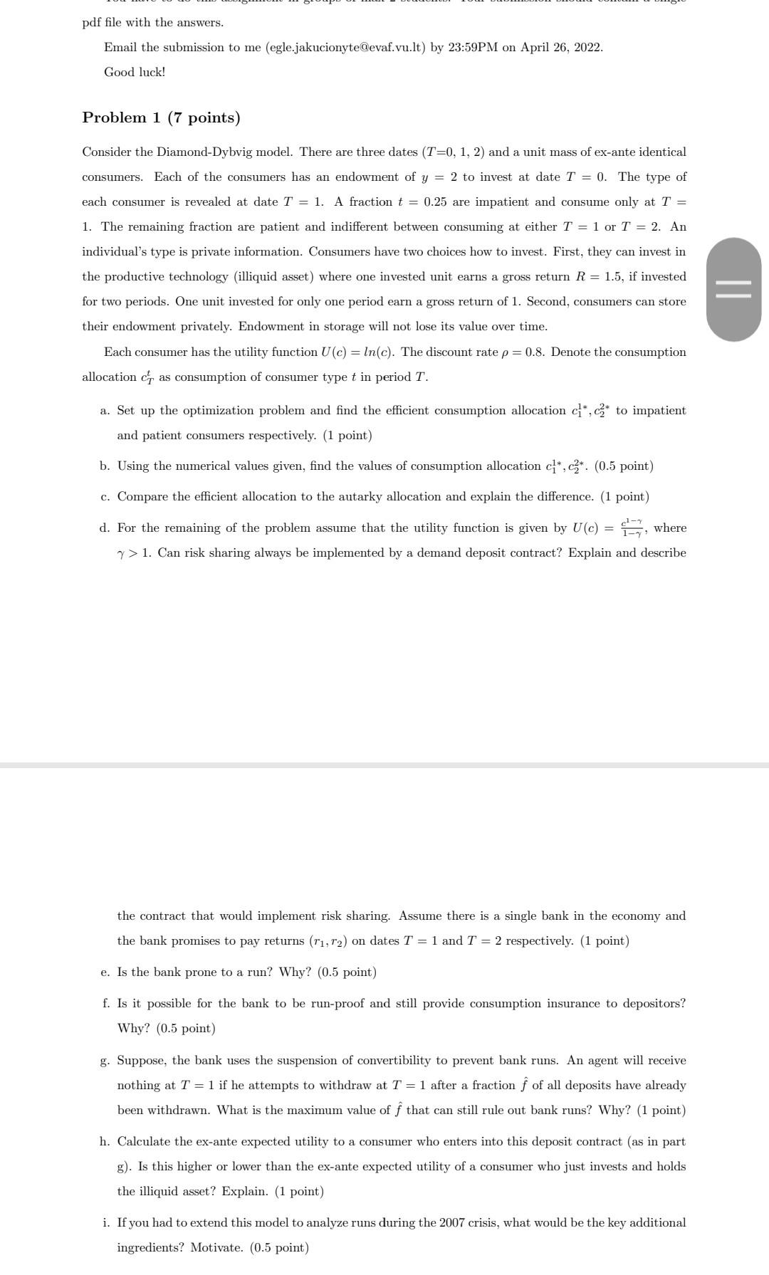 Problem 1 (7 points) Consider the Diamond-Dybvig | Chegg.com