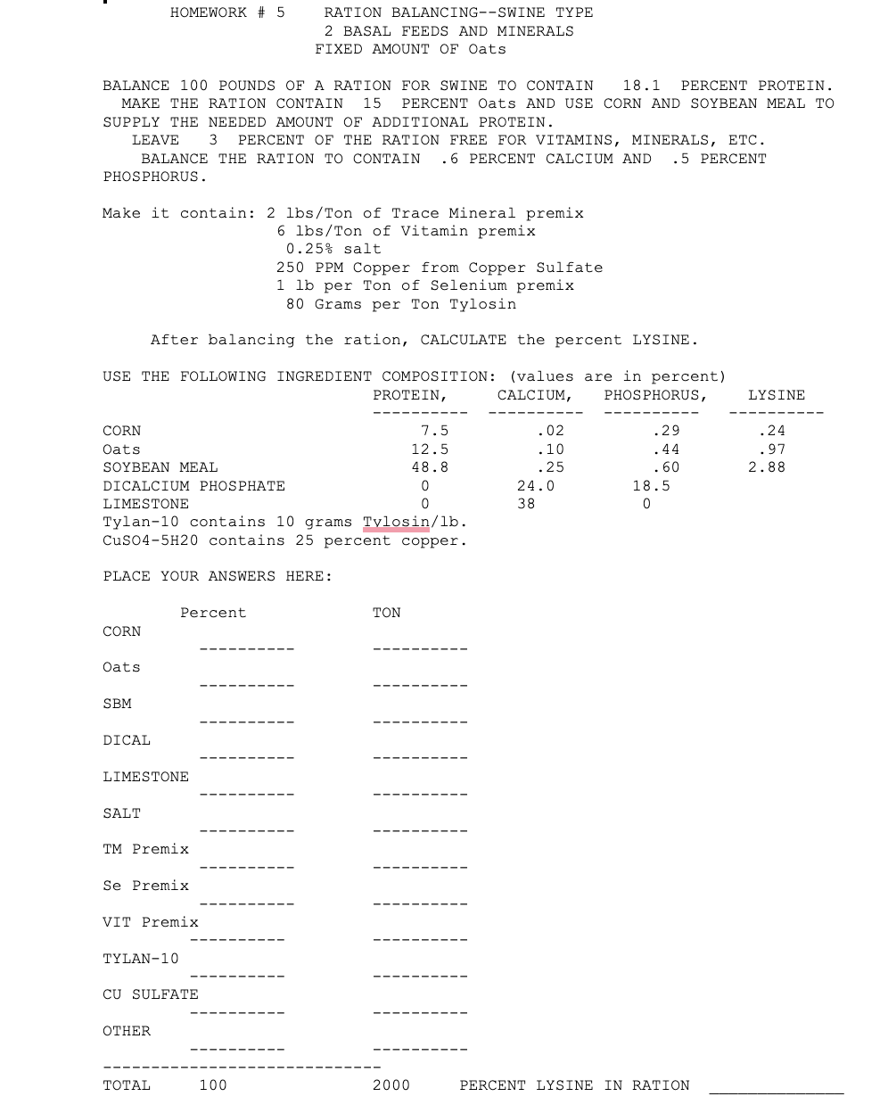 HOMEWORK # 5 ﻿RATION BALANCING--SWINE TYPE | Chegg.com