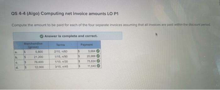 Solved OS 4-4 (Algo) Computing net invoice amounts LO P1 | Chegg.com