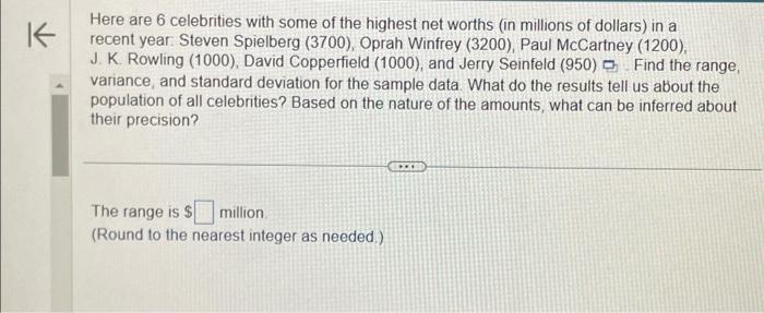 Solved Here are 6 celebrities with some of the highest net | Chegg.com