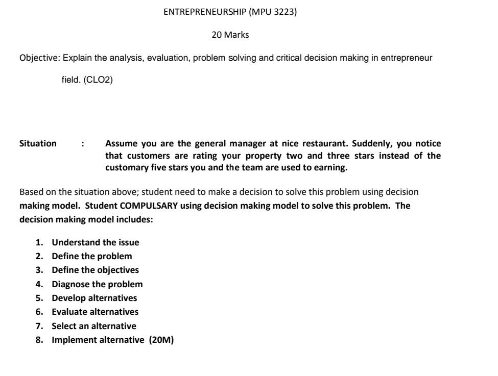 Solved ENTREPRENEURSHIP (MPU 3223) 20 Marks Objective: | Chegg.com