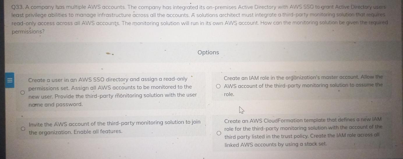 Solved Q33. ﻿A company has multiple AWS accounts. The | Chegg.com