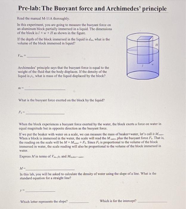 Solved Pre-lab: The Buoyant force and Archimedes' principle | Chegg.com
