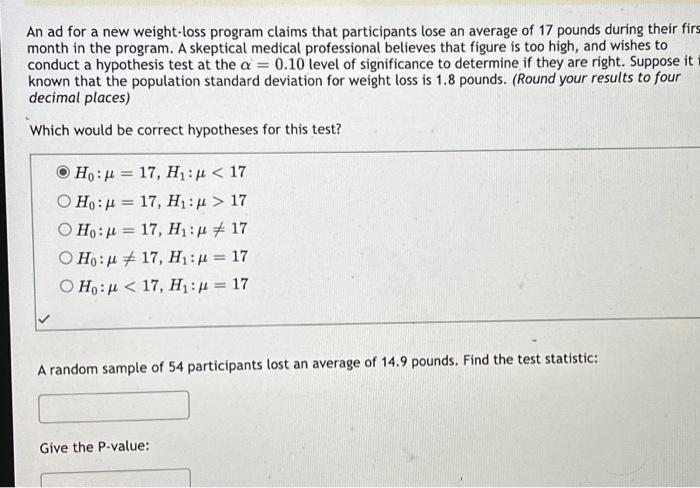 Solved An ad for a new weight-loss program claims that | Chegg.com