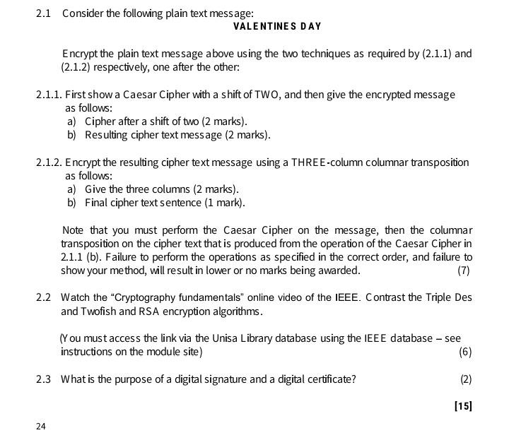 Solved 2.1 Consider the following plain text message: | Chegg.com