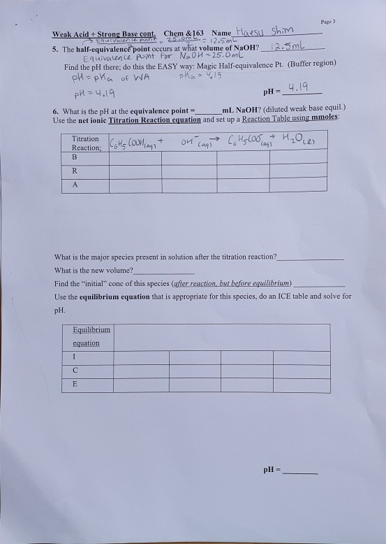 Solved: Weak Acid + Strong Base Titration Chem &163 Name H... | Chegg.com