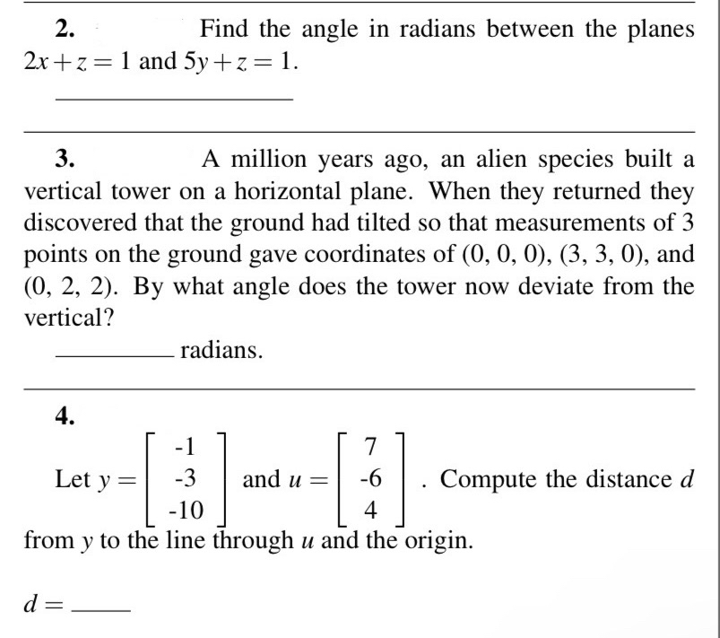 Solved Find the angle in radians between the planes 2x+z=1 | Chegg.com