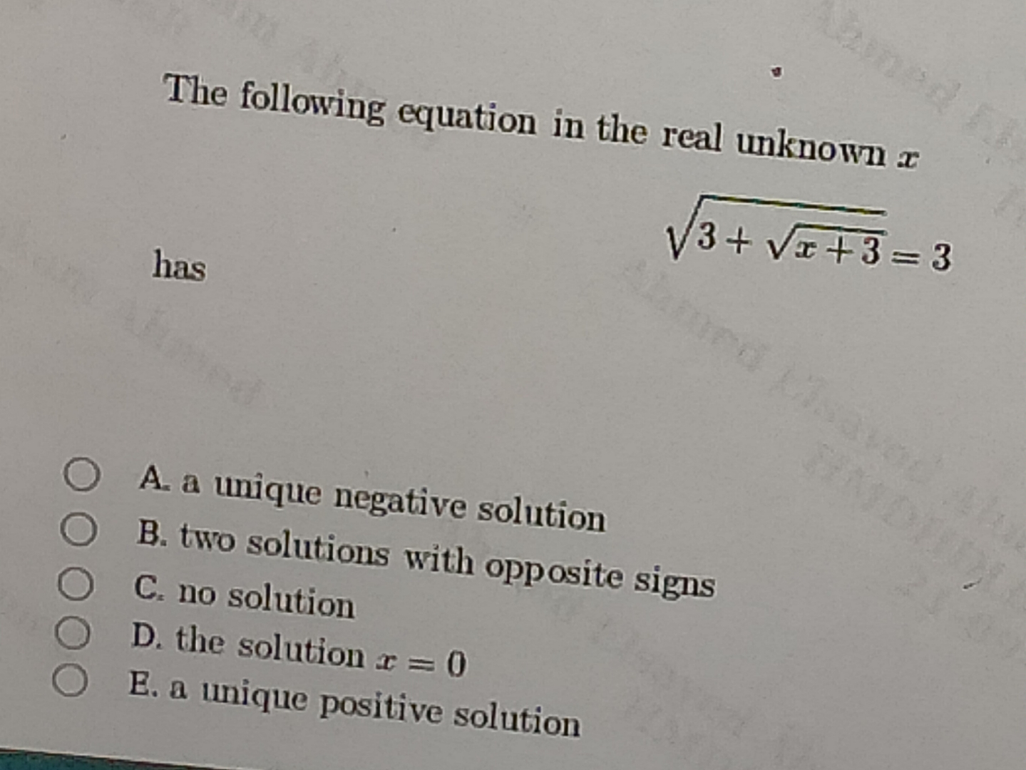 Solved The following equation in the real unknown | Chegg.com