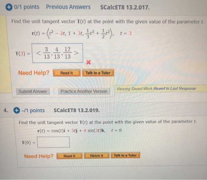 Solved + 0/1 points Previous Answers SCalcET8 13.2.017. Find | Chegg.com