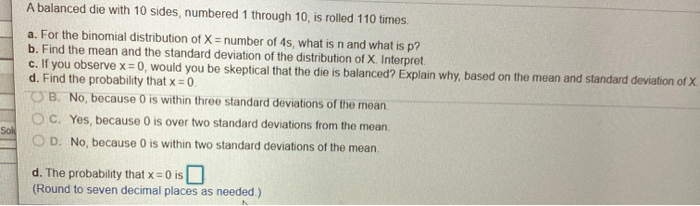 Solved A balanced die with 10 sides, numbered 1 through 10, | Chegg.com