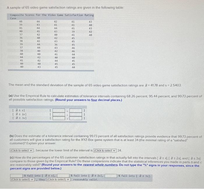 Solved A sample of 65 video game satisfaction ratings are | Chegg.com