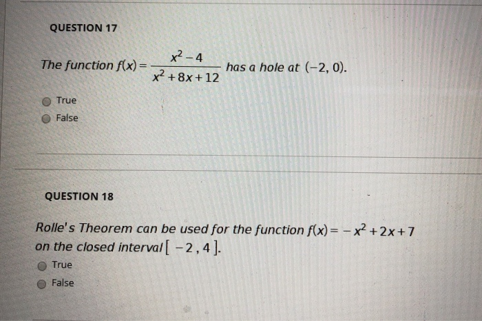 Solved QUESTION 17 x² - 4 The function f(x) = - - has a hole | Chegg.com