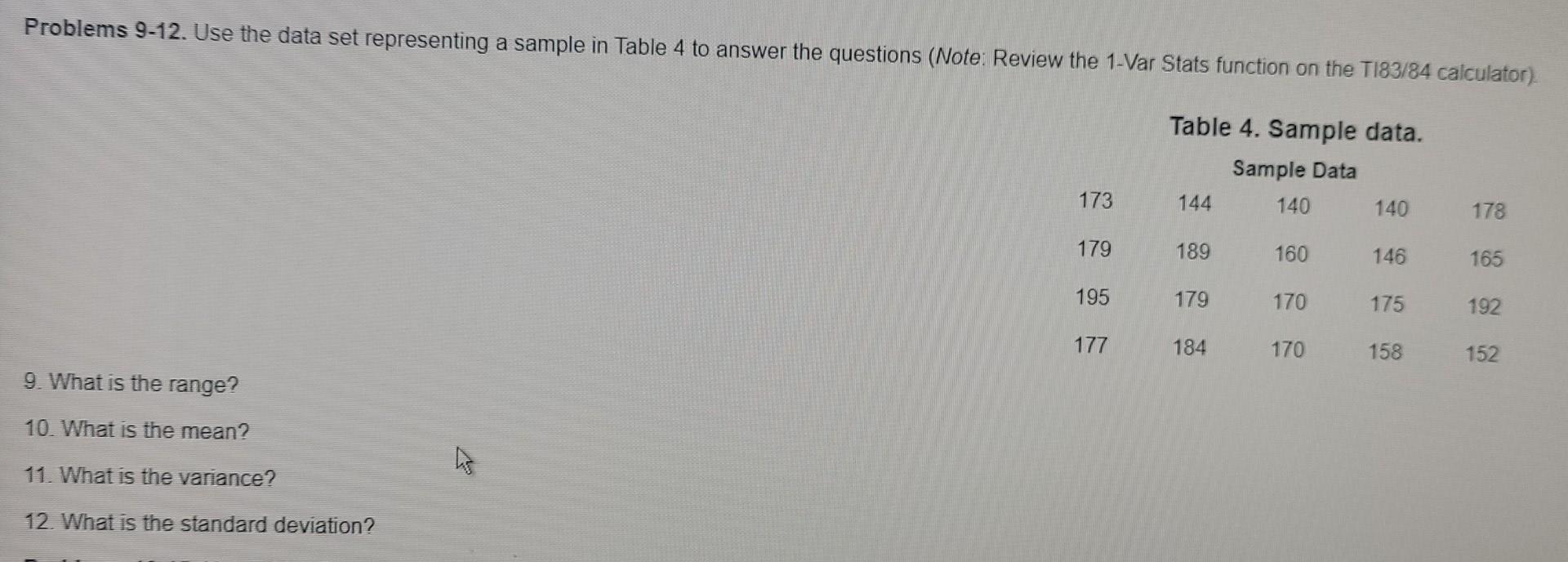 Solved Problems 9-12. Use the data set representing a sample | Chegg.com