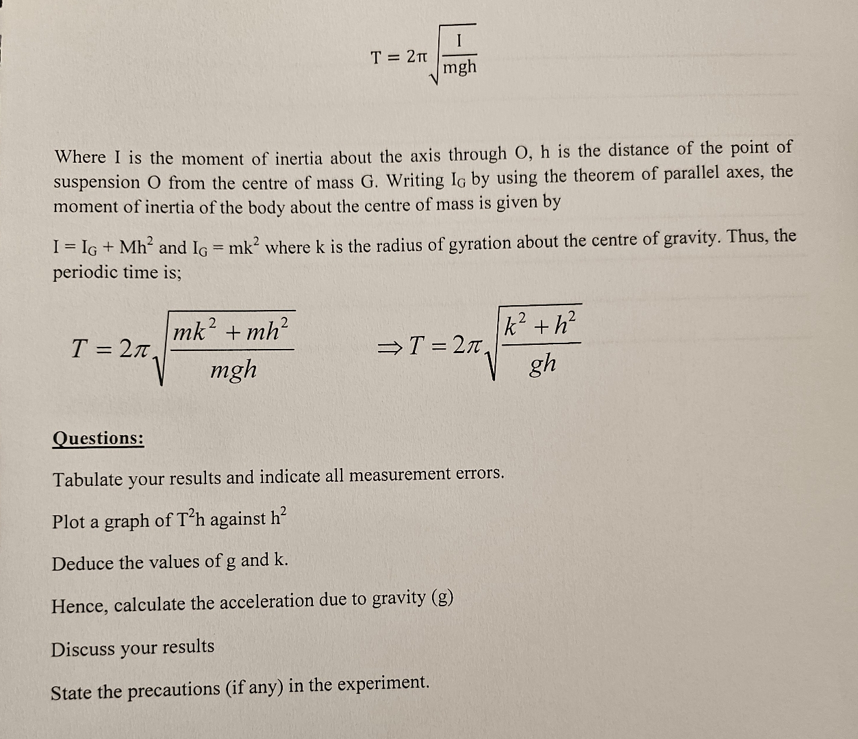Solved T=2πImgh2Where I is the moment of inertia about the | Chegg.com
