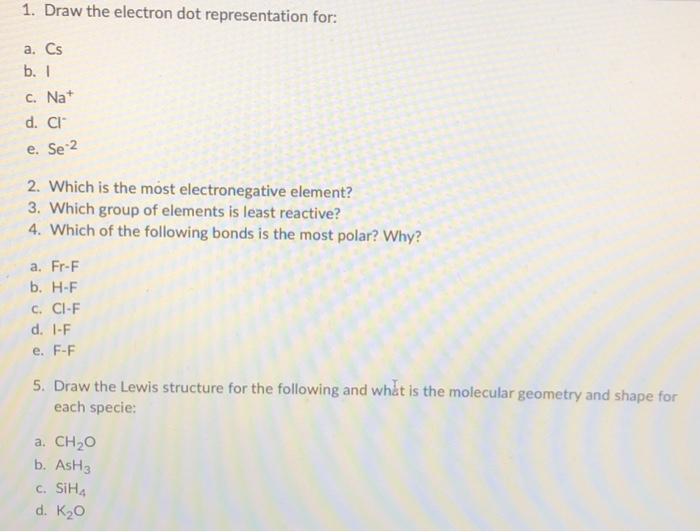Solved 1. Draw the electron dot representation for: a. Cs b. | Chegg.com