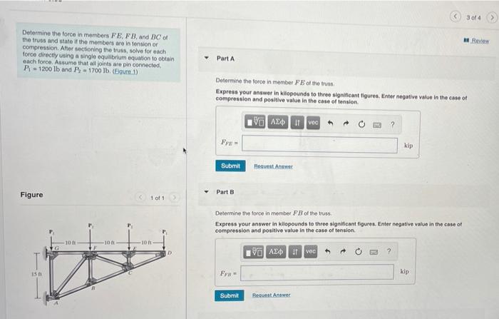 Solved 304 Review Determine the force in members FE,FB, and | Chegg.com