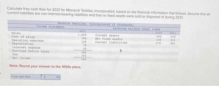 Solved Calculate free cash flow for 2021 for Monarch | Chegg.com