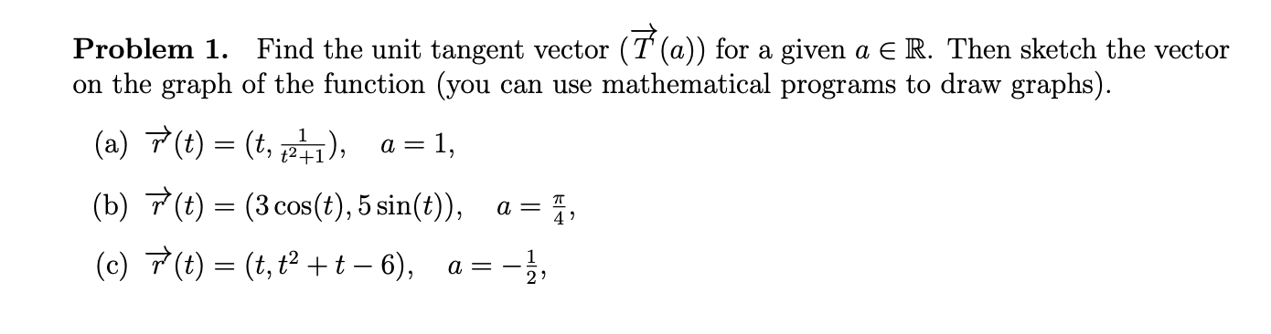 Solved Problem 1. ﻿Find the unit tangent vector (vec(T)(a)) | Chegg.com
